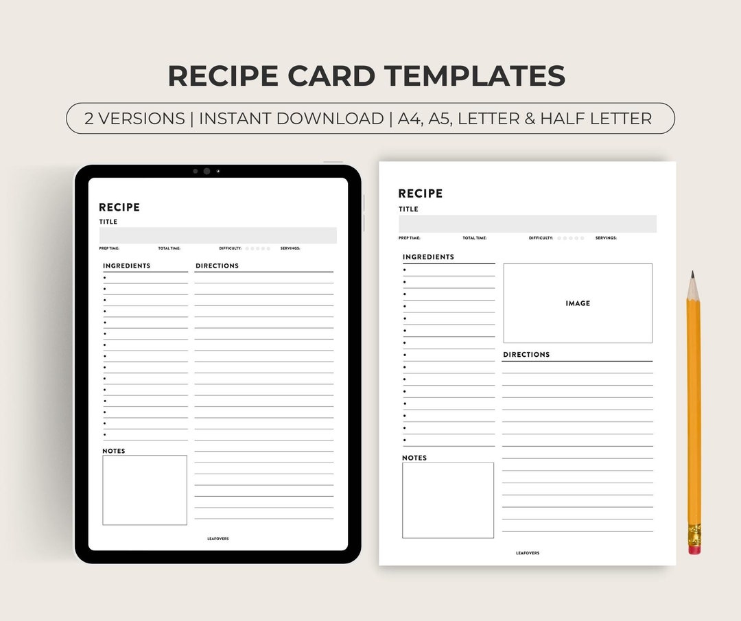 Printable/digital Recipe Card Templates, Blank Recipe Pages, Recipe ...