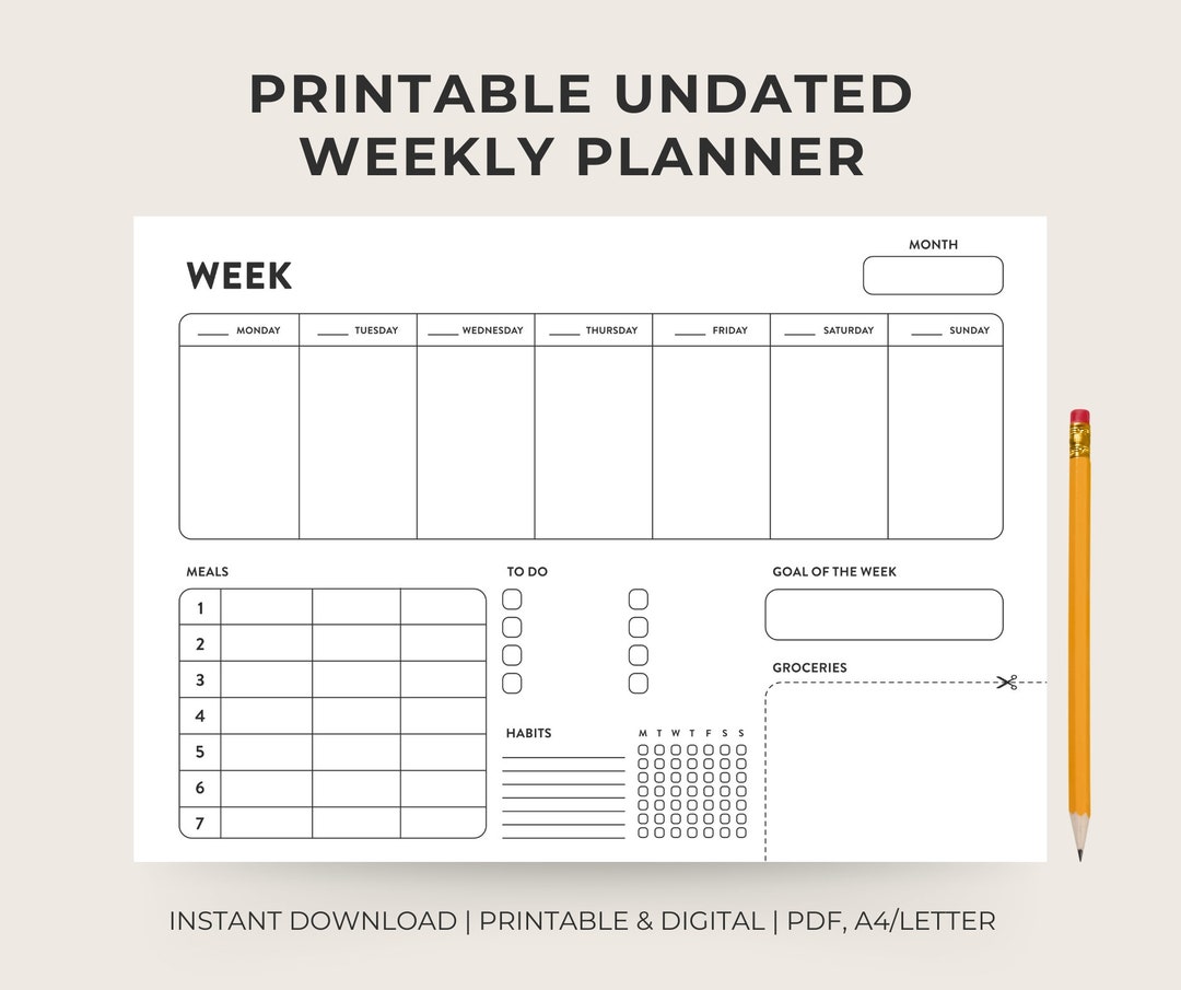 Printable Undated Weekly Planner, Landscape Minimalist Meal Organizer ...