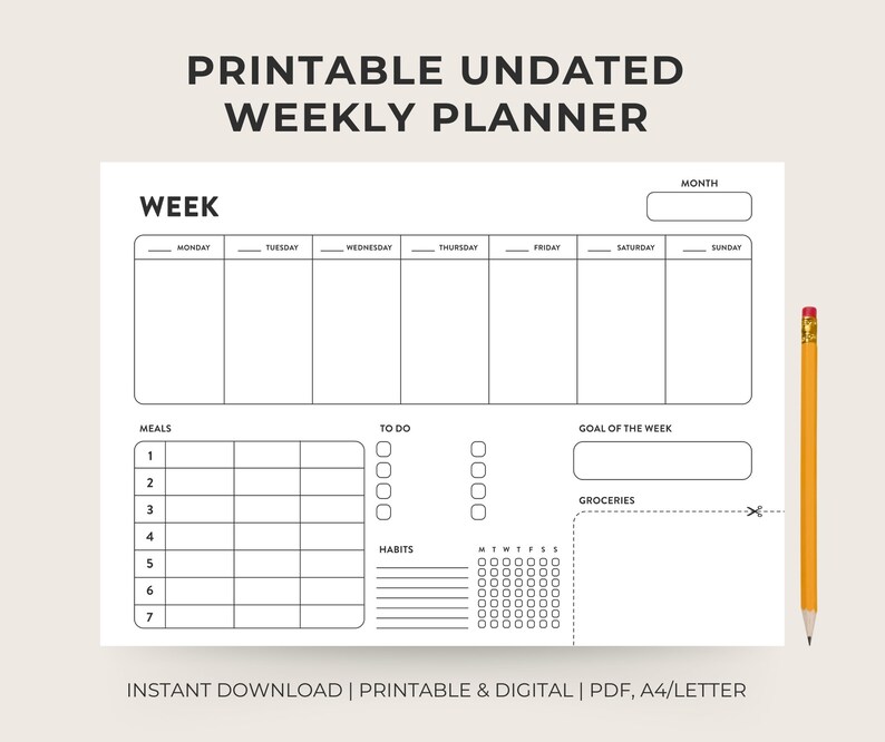 Printable Undated Weekly Planner, Landscape Minimalist Meal Organizer ...