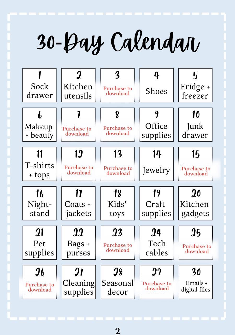 30-day Decluttering Challenge Printable | Home Organization Calendar ...