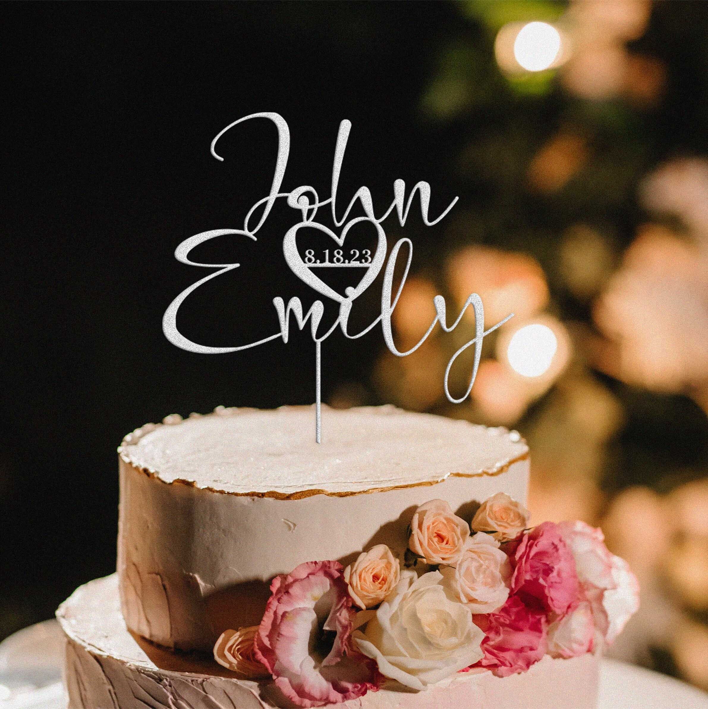 Wedding Cake Topper With Date and Heart, Personalized Couples Script ...