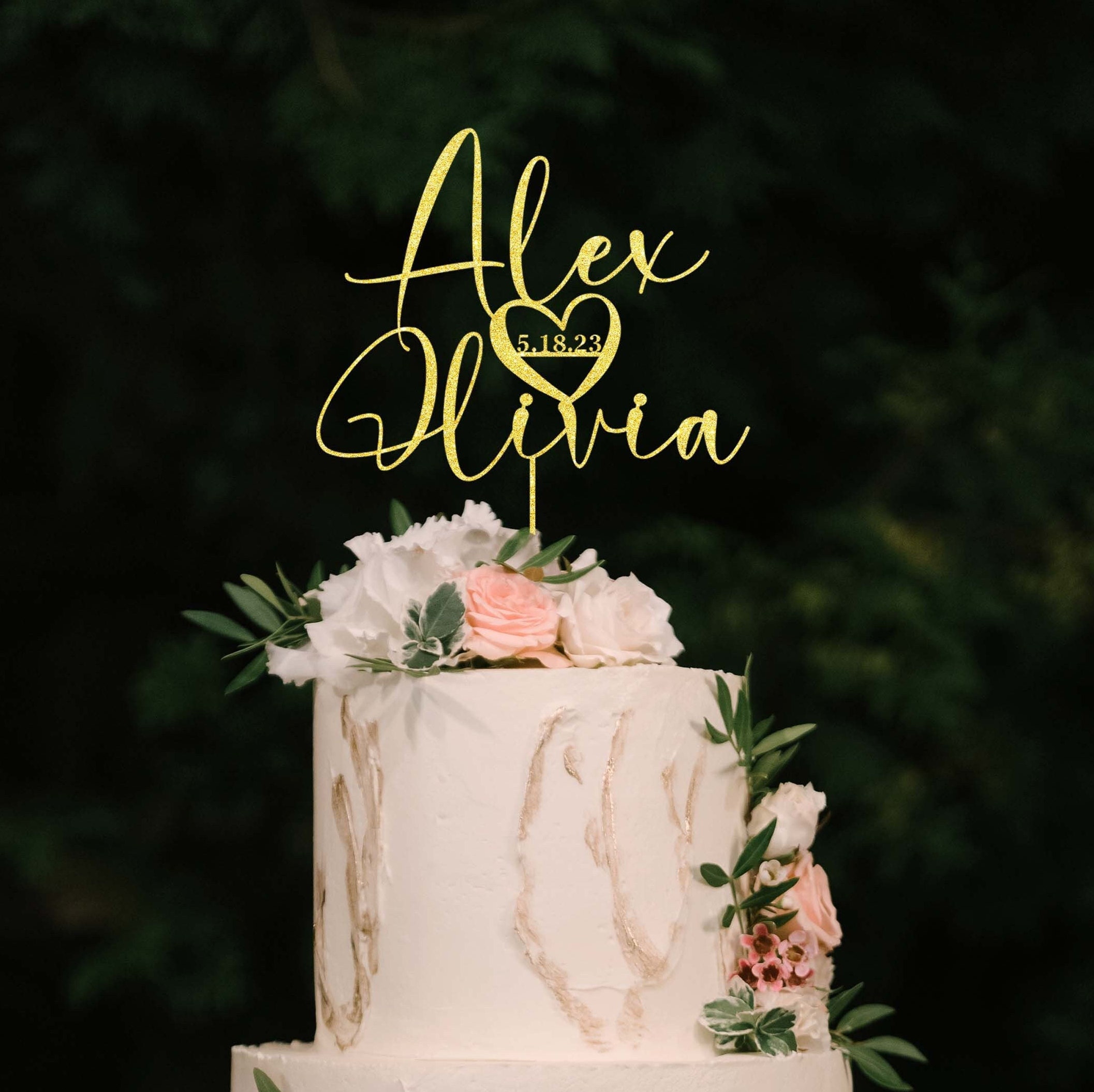 Wedding Cake Topper With Date and Heart, Personalized Couples Script ...