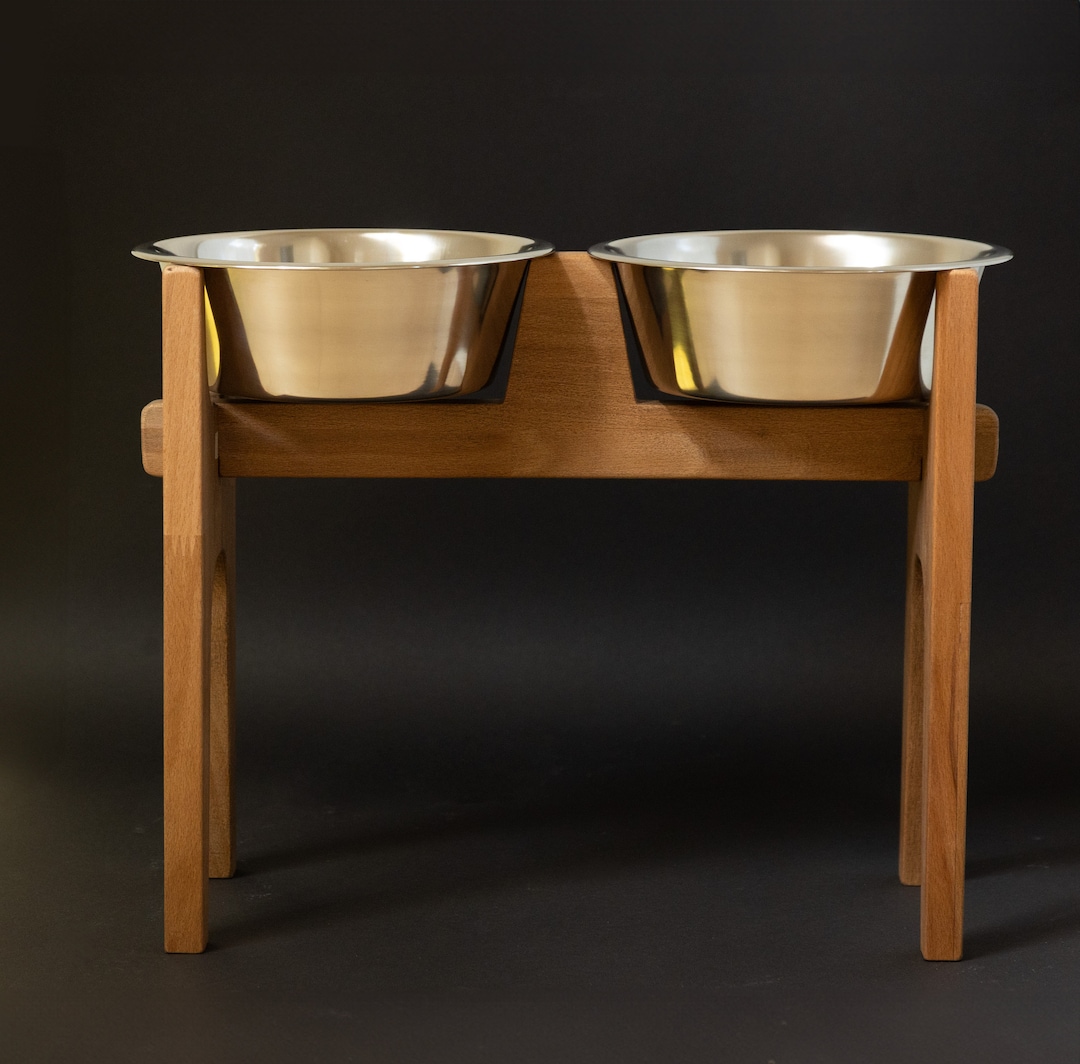 Beech Wooden Elevated Dog Bowl Stand for Large Dogs With 2 Stainless ...