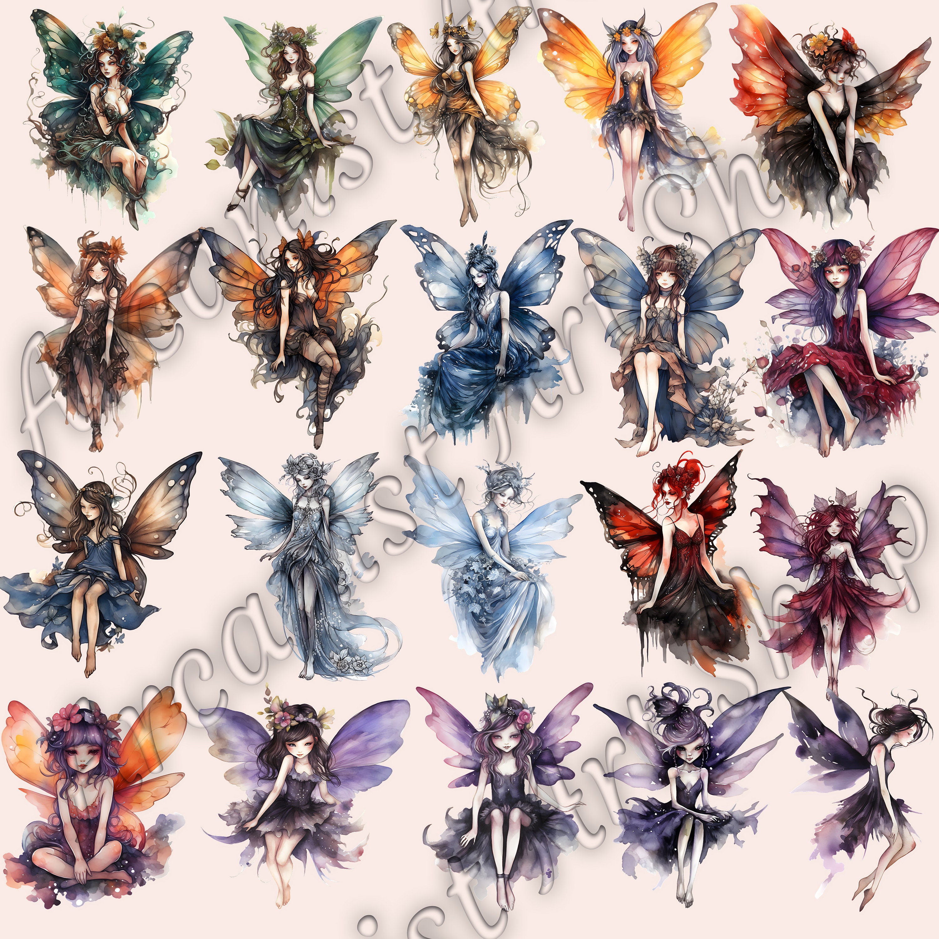 Watercolor Clipart Dark Fairies 20 Transparent PNG Fantasy - Etsy