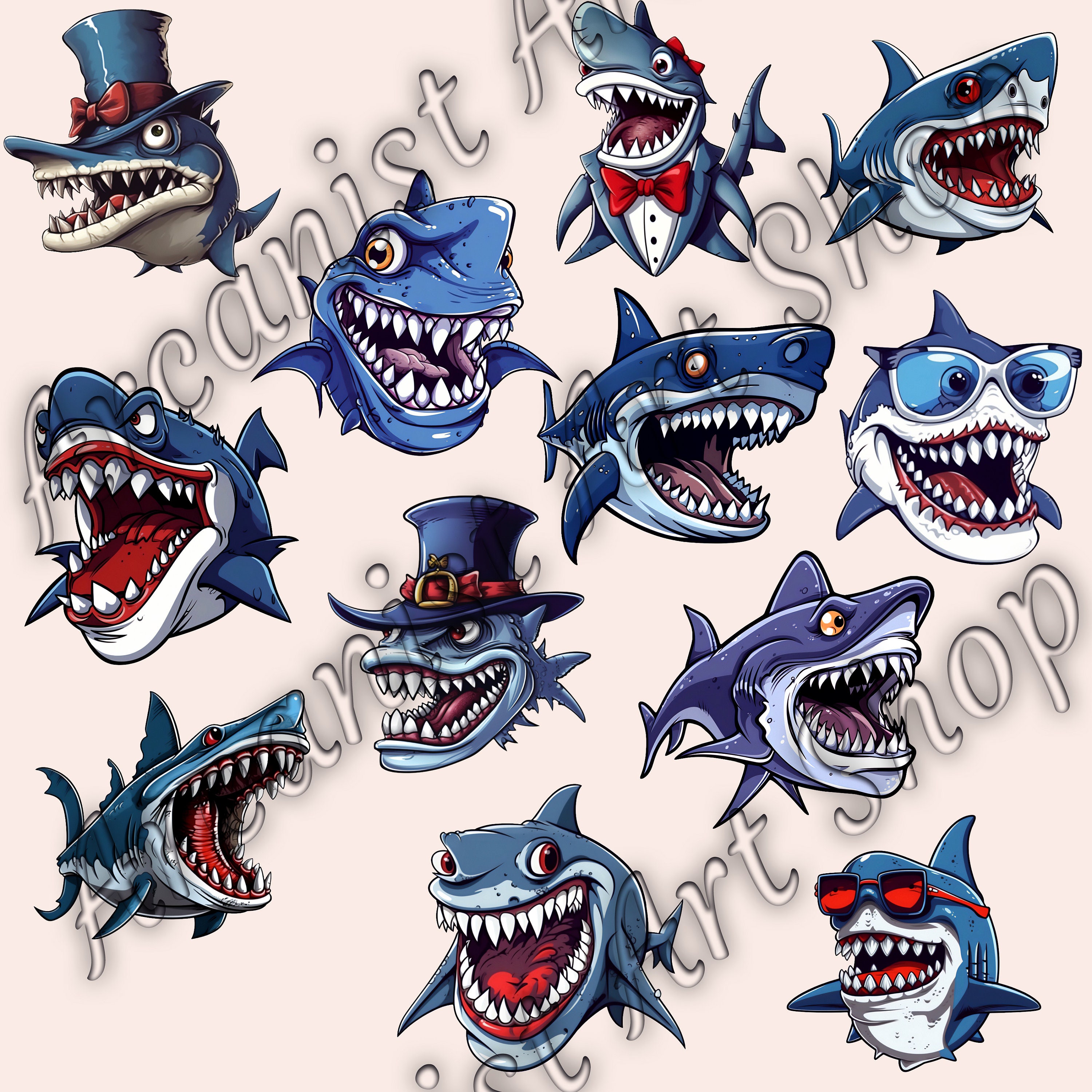 Cartoon Clipart of Crazy Sharks, 12 Transparent PNG, SVG Vector Files ...