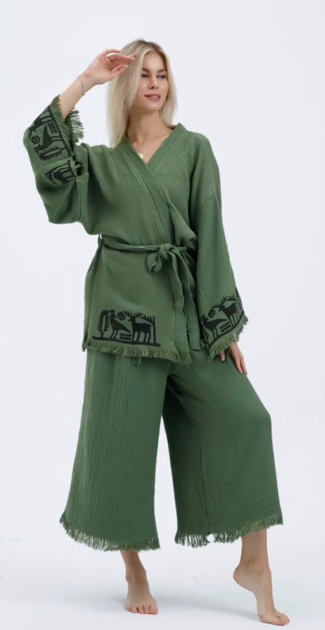 Green Muslin Kimono Jacket and Pants - Etsy