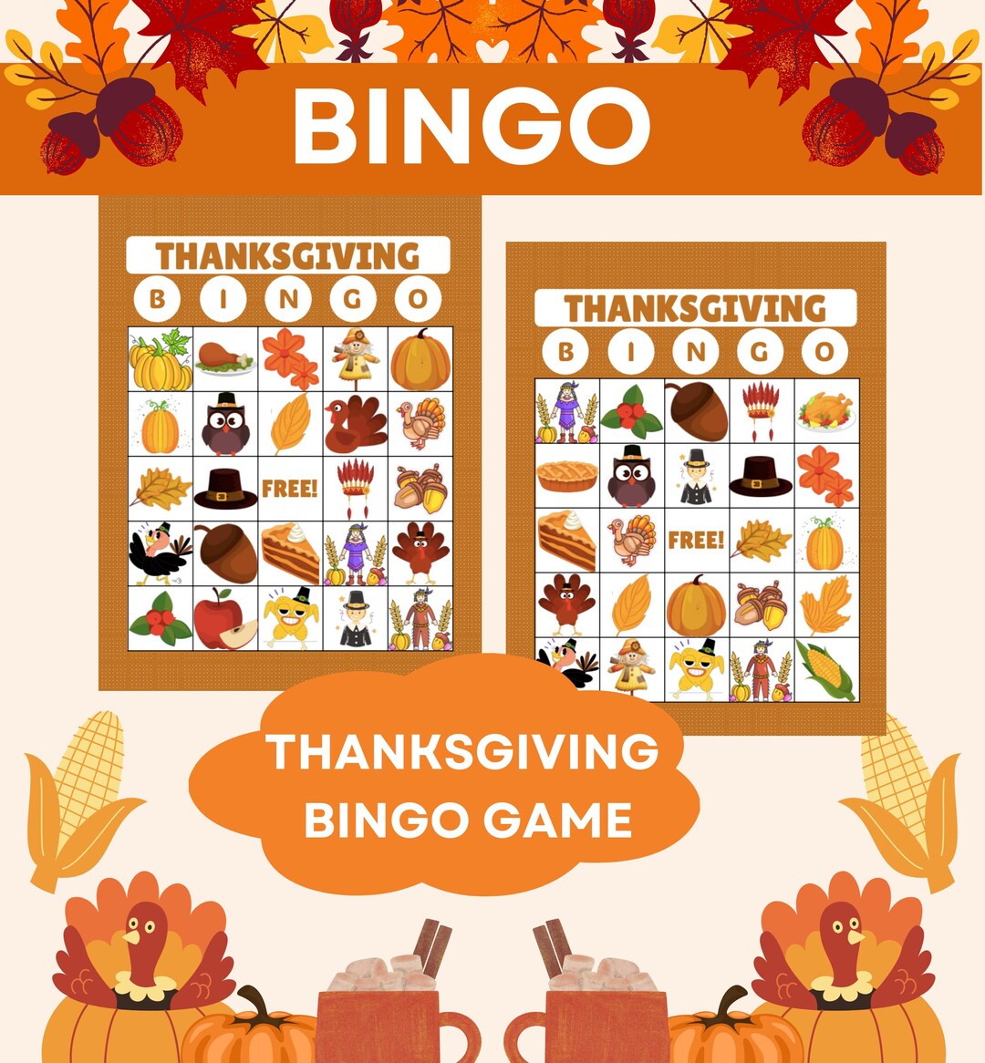Thanksgiving Bingo Game, Classroom Activity, Turkey Day Games, Party ...