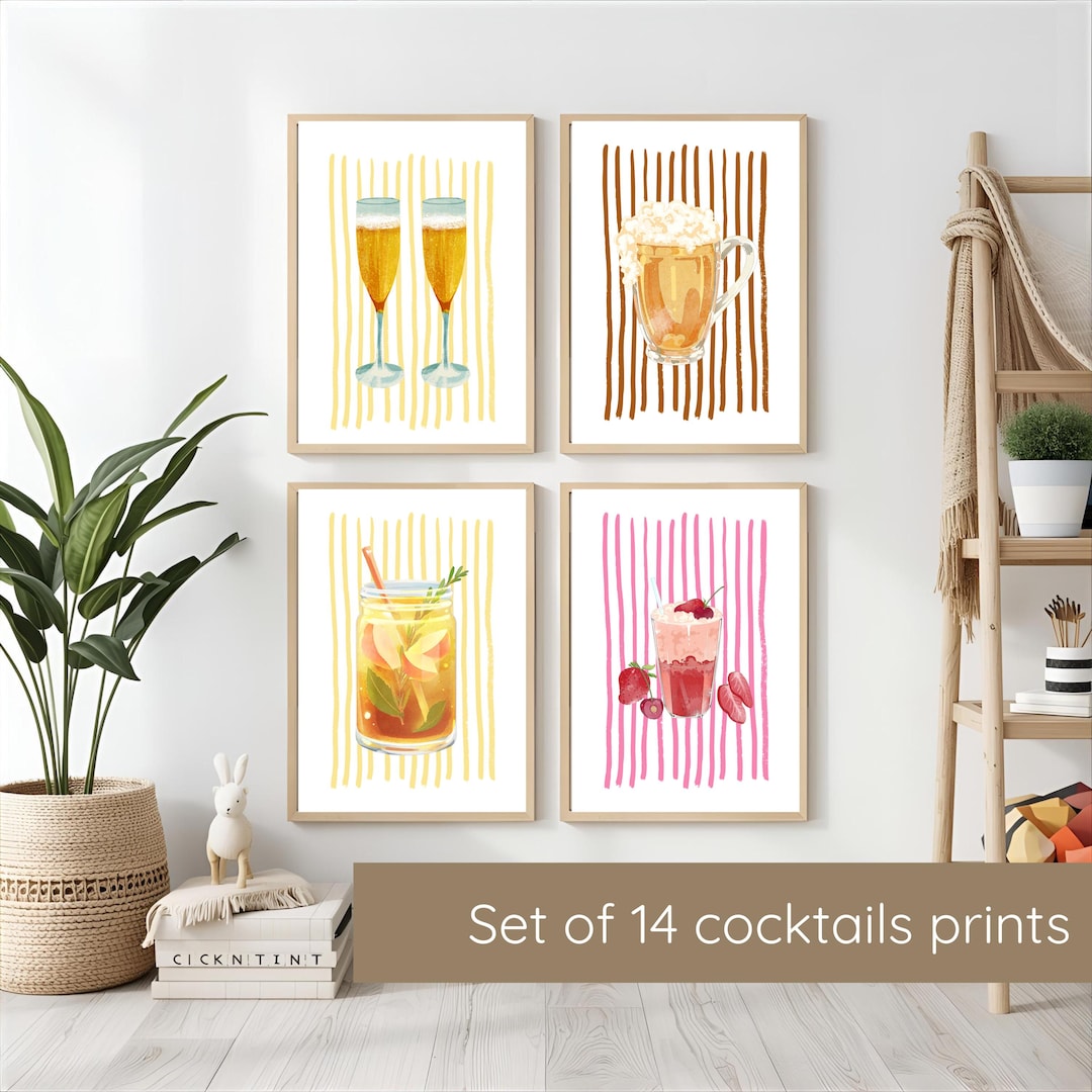 Cocktail Wall Art Set of 14 | Retro Bar Prints With Striped Backgrounds ...
