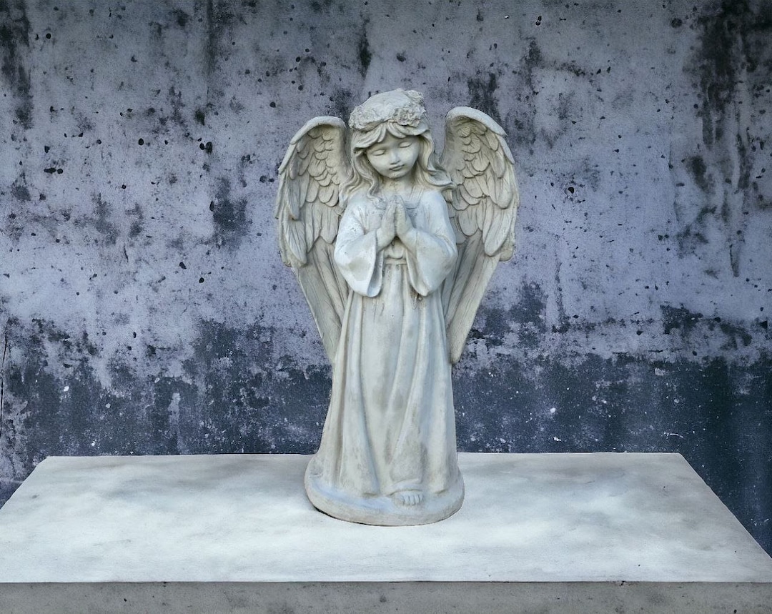 Praying Standing Child Statue Concrete Girl With Wings Figure Flowers ...