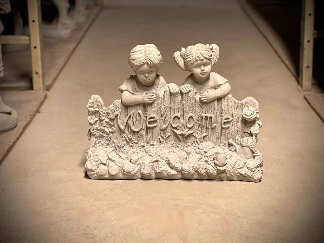 Concrete Welcome on Picket Fence Statue Detailed Welcome Kids Figurine ...