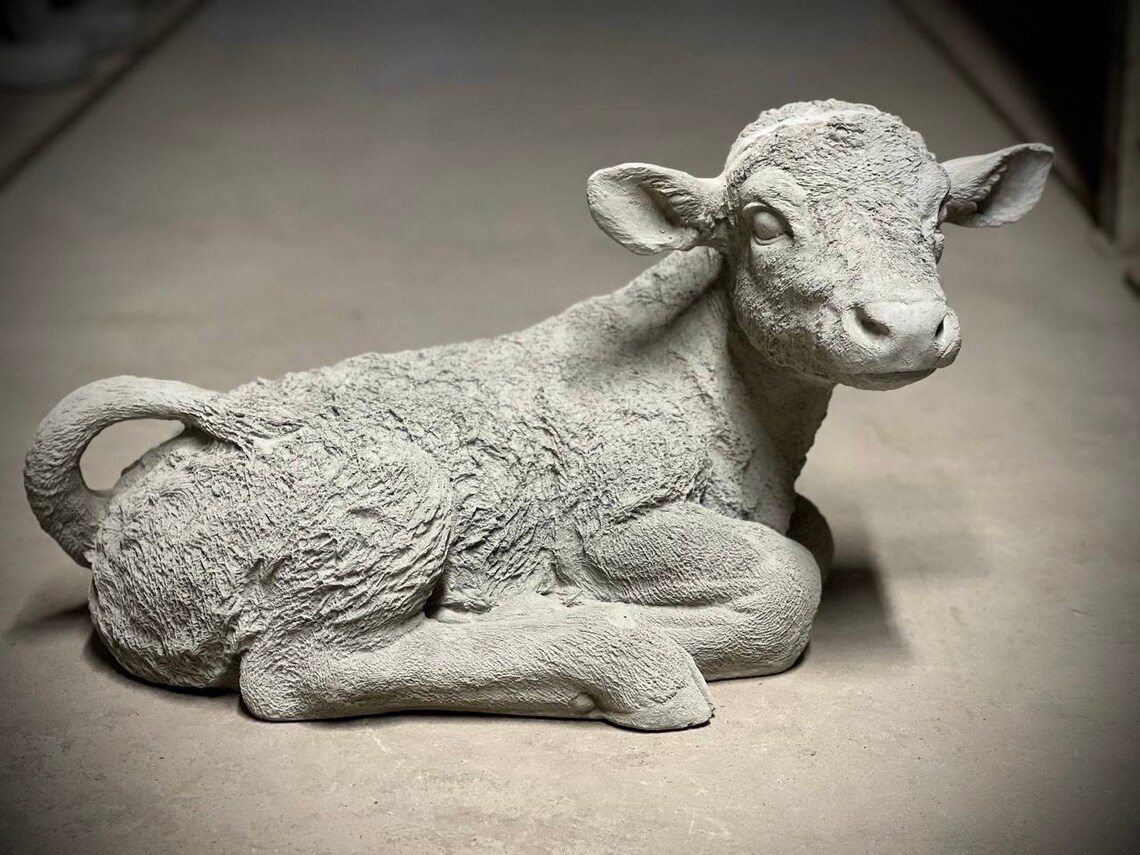 Concrete Laying Calf Statue Detailed Resting Cow Figurine Realistic ...