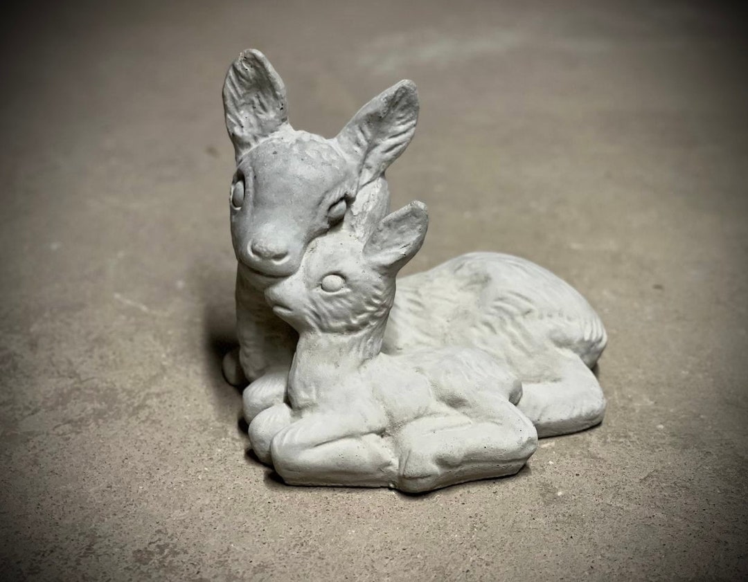 Concrete Laying Deer Figurine Two Fawn Friends Statue Outdoor Garden or ...
