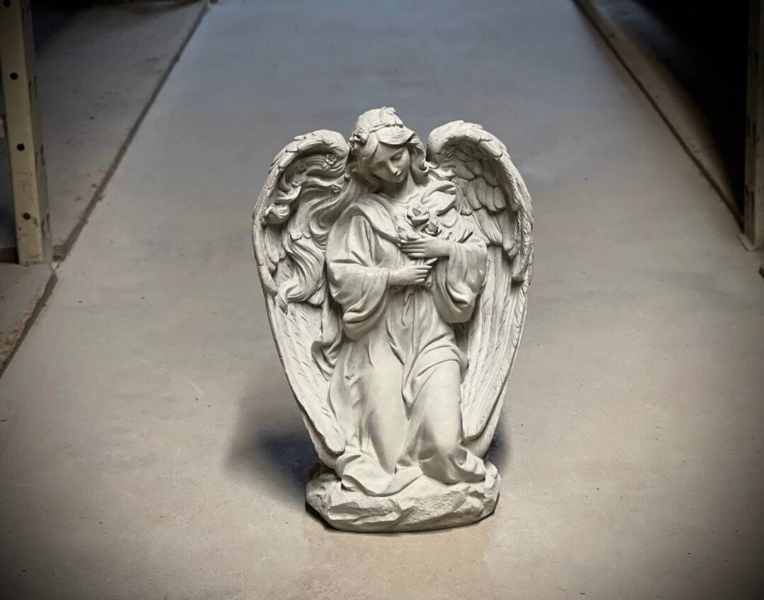 Kneeling Angel With Roses Statue Detailed Girl With Flowers Sculpture ...