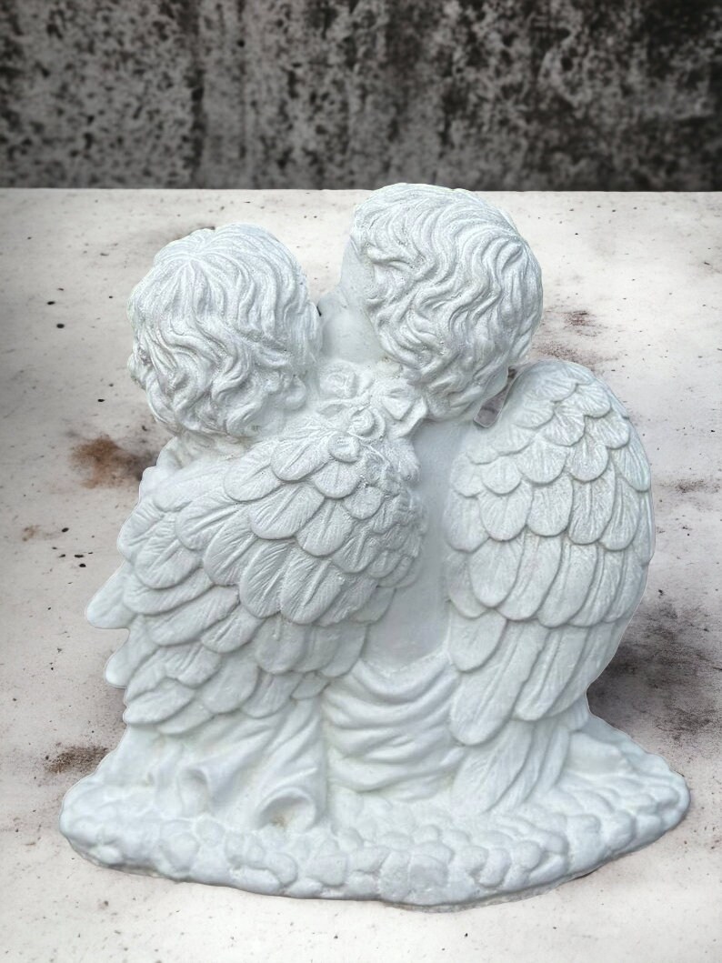 Two Kids With Wings Statue Kneeling Angels Figurine Cherub Kissing Girl ...