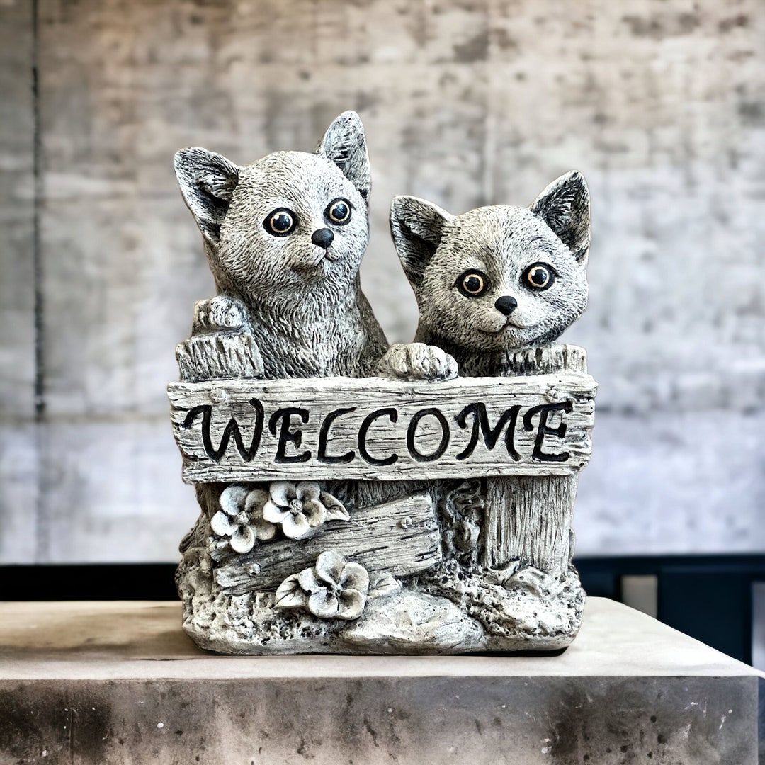 Welcome Two Cats Statue Kitties Holding Welcome Sign Figure - Etsy