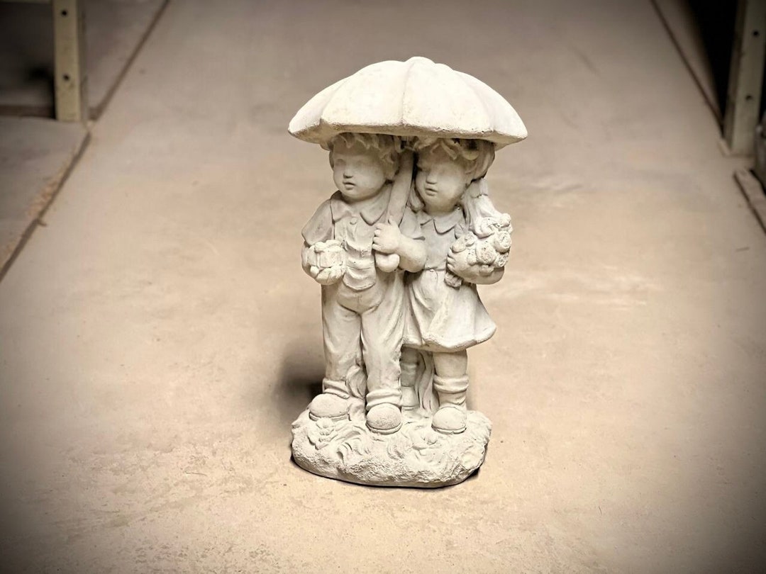 Two Kids Under Umbrella Statue Standing Boy and Girl Under Umbrella ...