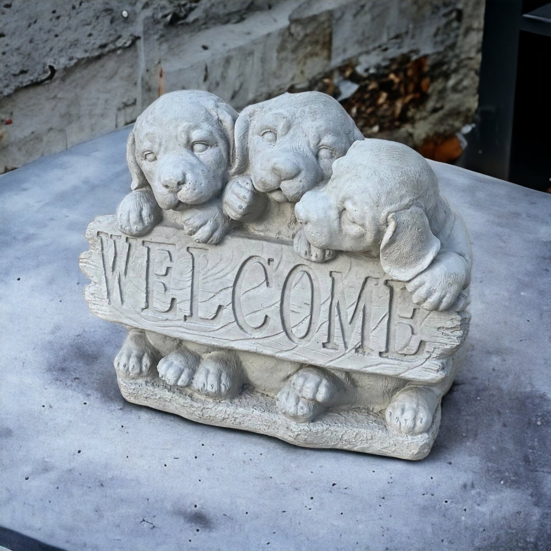 Three Puppies Holding Welcome Statue Concrete Puppies Figurine Outdoor ...