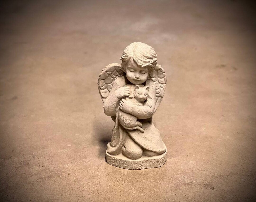 Concrete Angel With Cat Statue Kneeling Boy With Kitten Figure Outdoor ...