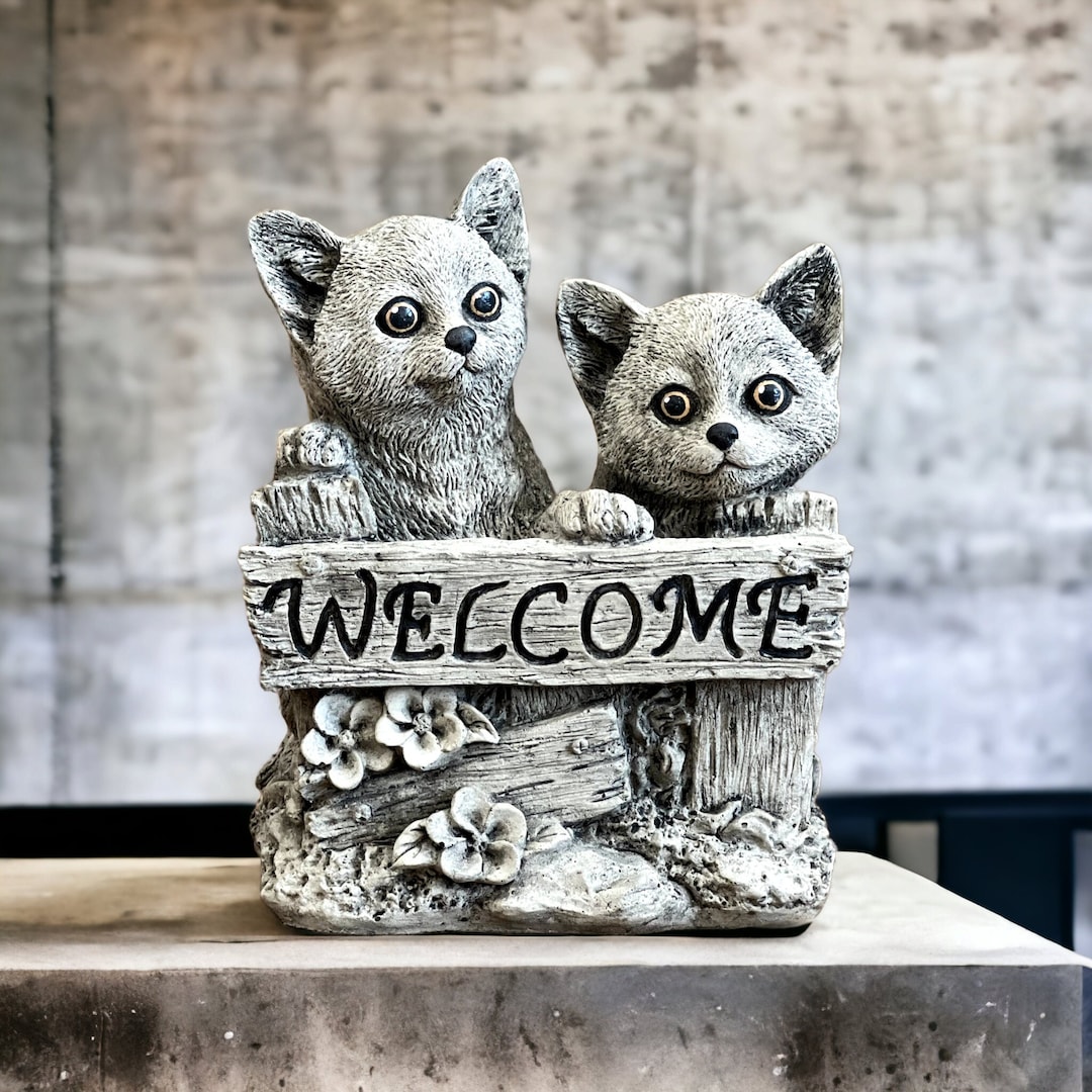 Welcome Two Cats Statue Kitties Holding Welcome Sign Figure Front Door ...