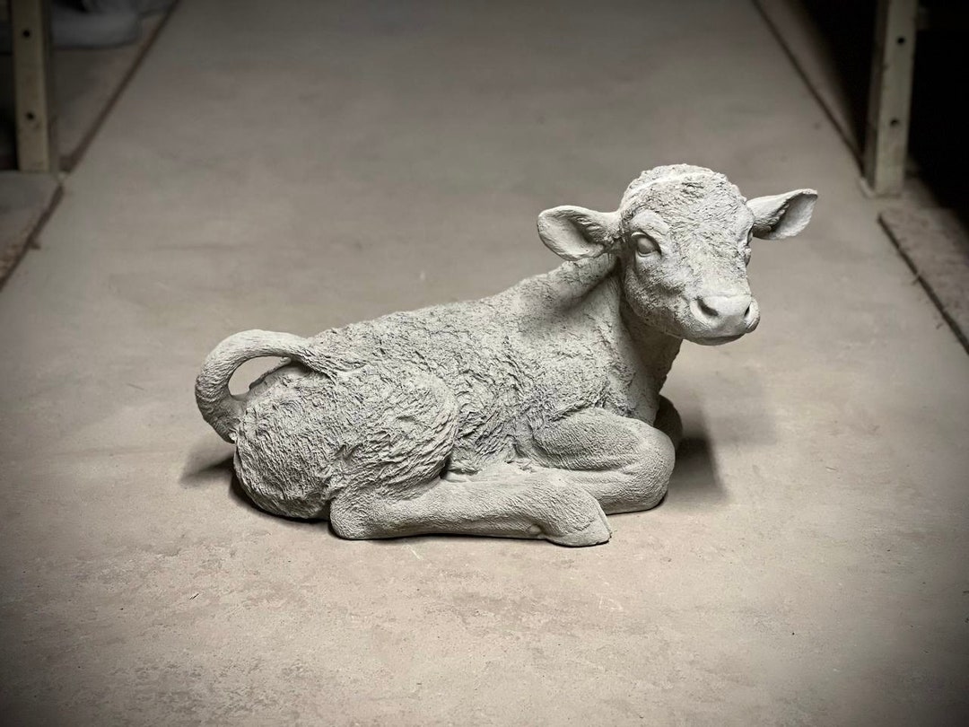 Concrete Laying Calf Statue Detailed Resting Cow Figurine Realistic ...