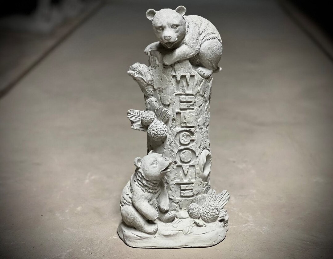 Three Bears on Welcome Stump Statue Concrete Welcome Stump Figurine ...
