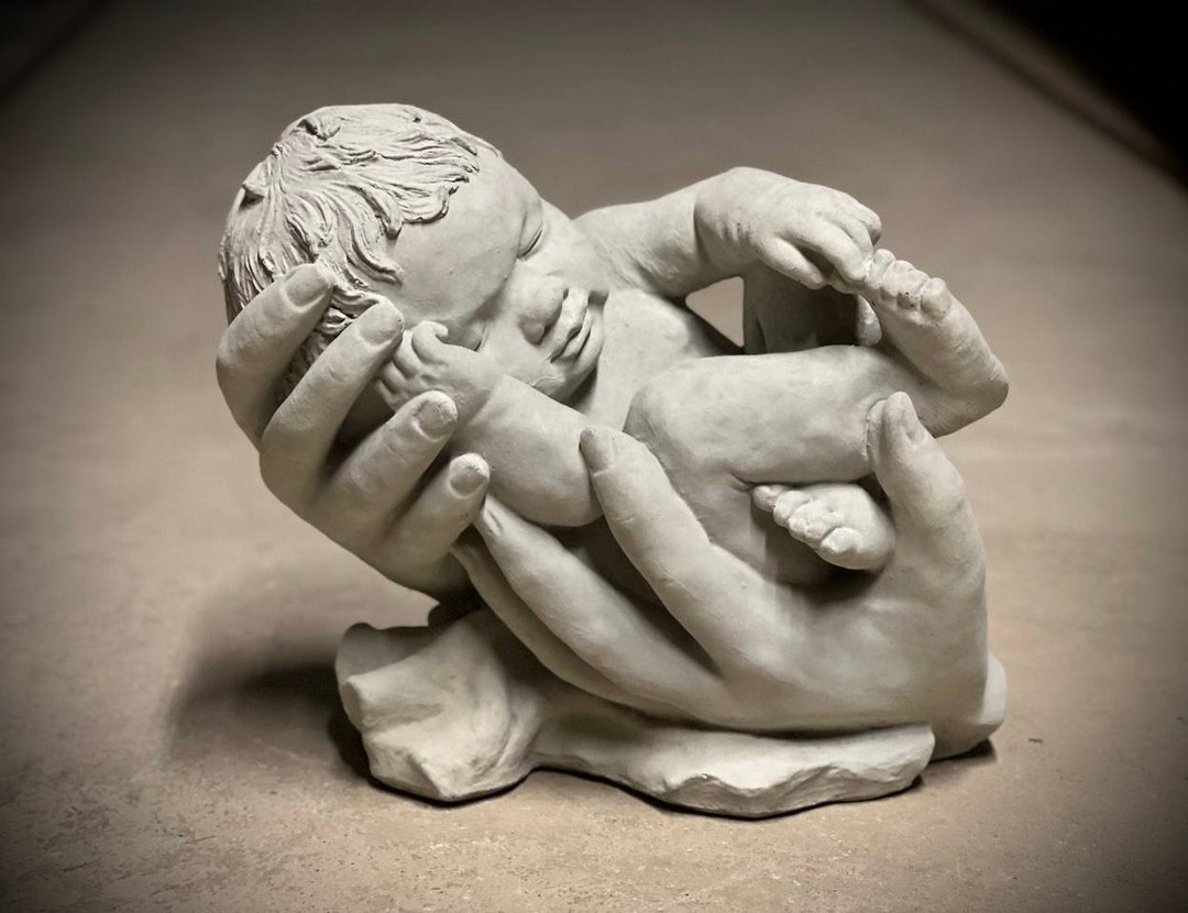 Concrete Newborn in Hand Statue Detailed Loving Hands Figurine Outdoor ...