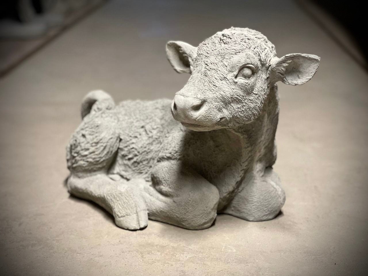 Concrete Laying Calf Statue Detailed Resting Cow Figurine Realistic ...