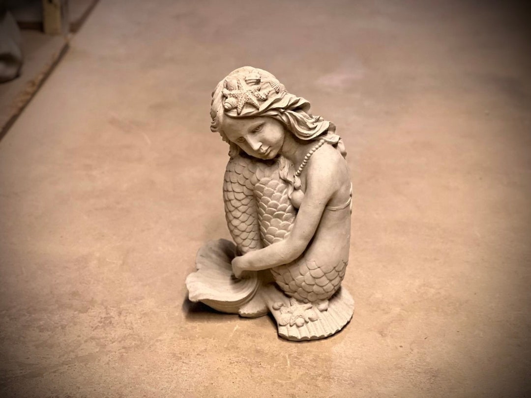 Concrete Mermaid on Stone Statue Sitting Mermaid Figure Outdoor Garden ...