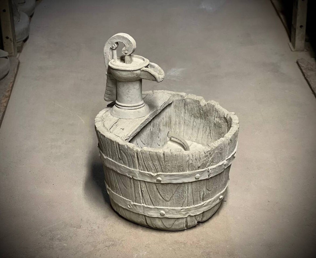 Large Whiskey Barrel With Pump Statue Massive Water Pot Figure Concrete ...