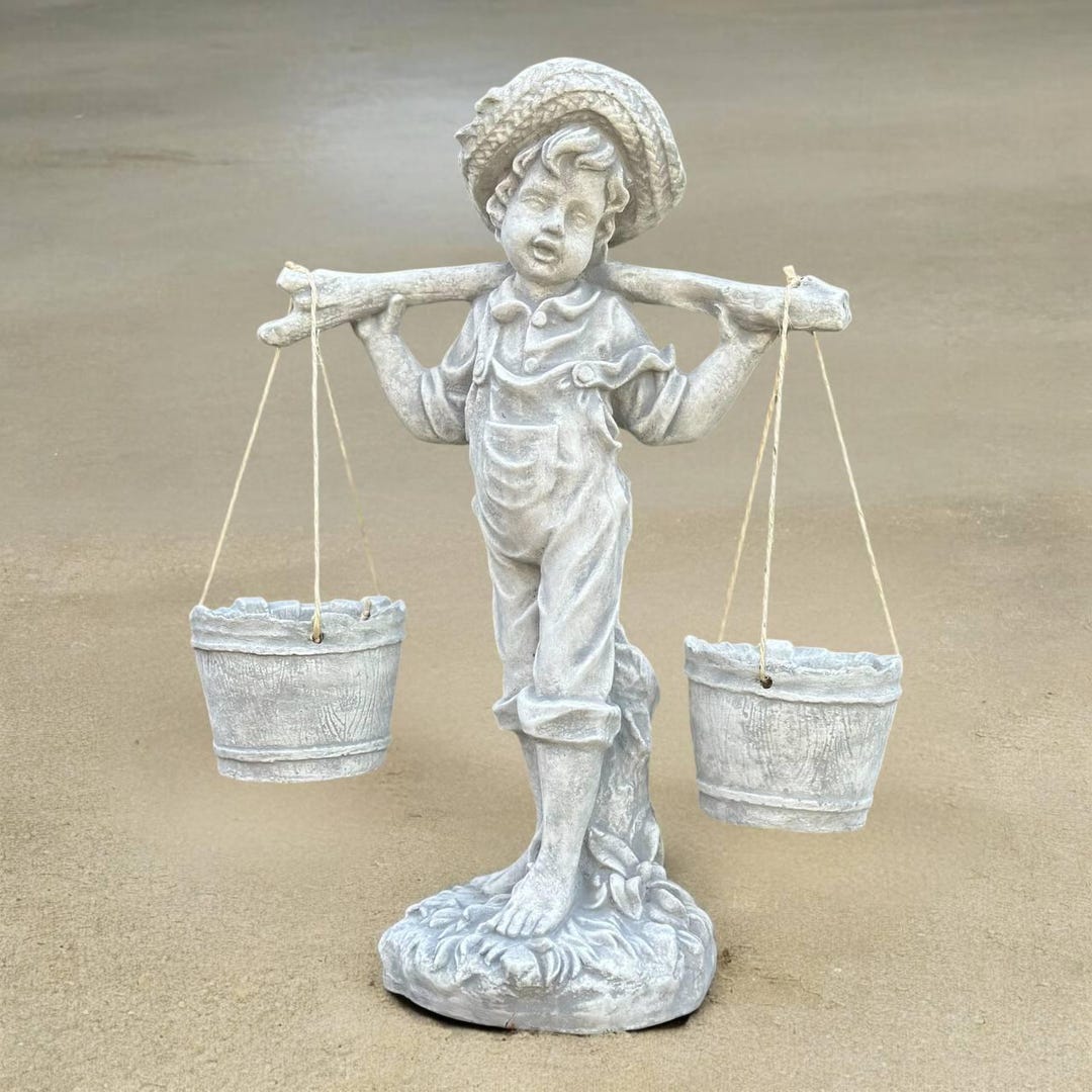 Standing Kid Statue Boy Holding Two Buckets on Shoulders Concrete ...