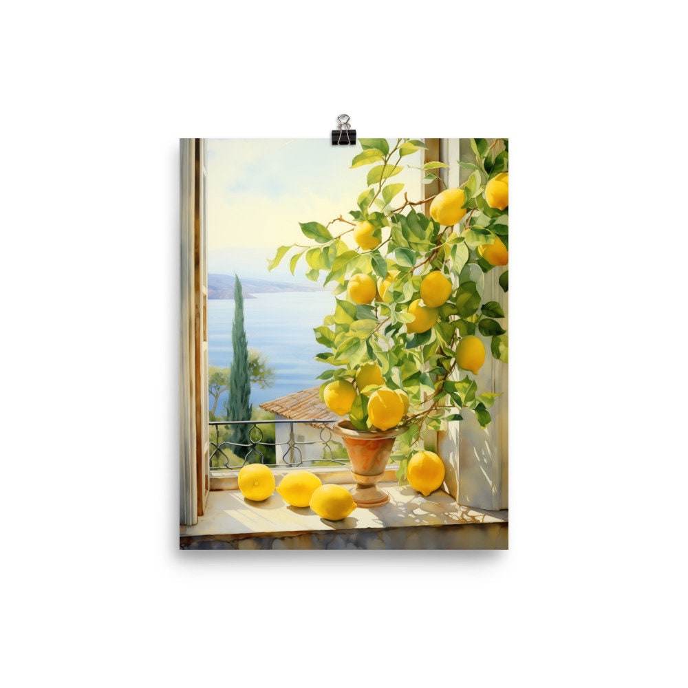 Lemon Window View Watercolor Painting Adriatic Sea Art Watercolor ...