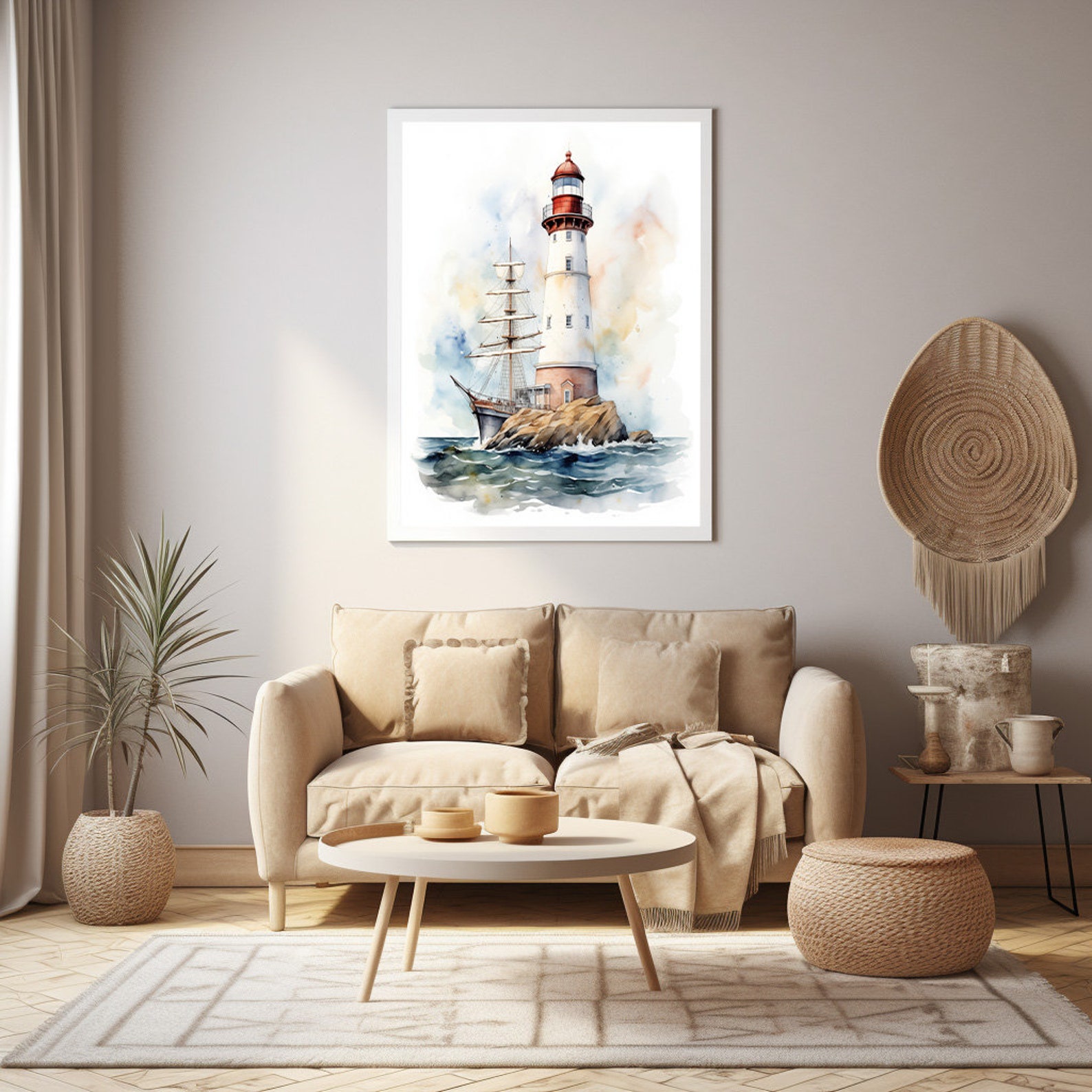 Lighthouse and Ship Art I Nautical Watercolor Poster I Nautical Art I ...