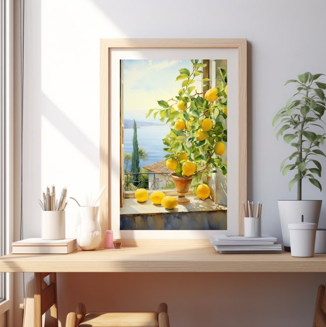 Lemon Window View Watercolor Painting Adriatic Sea Art Watercolor ...