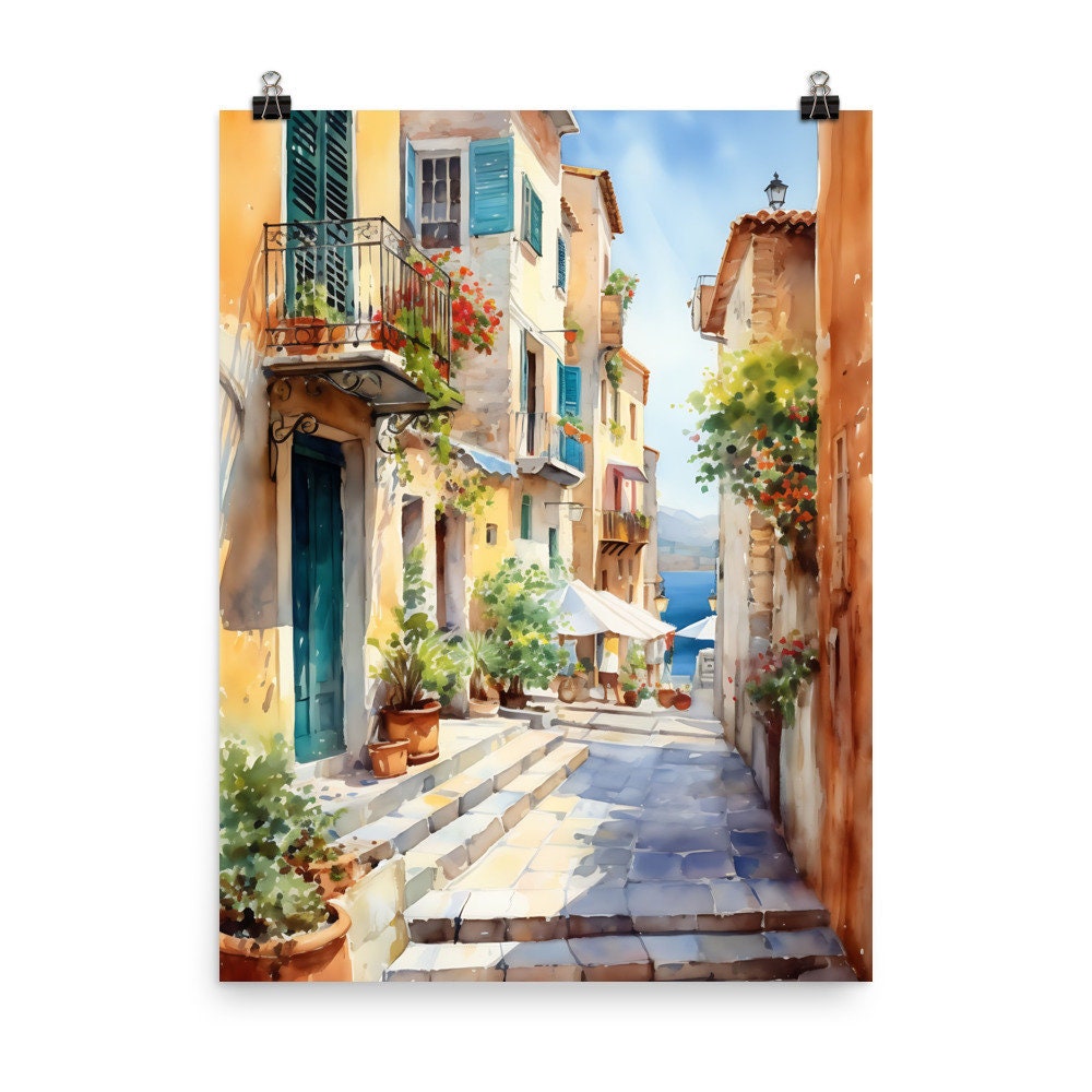 Mediterranean Street Watercolor Poster Art | Watercolor Wall Art ...