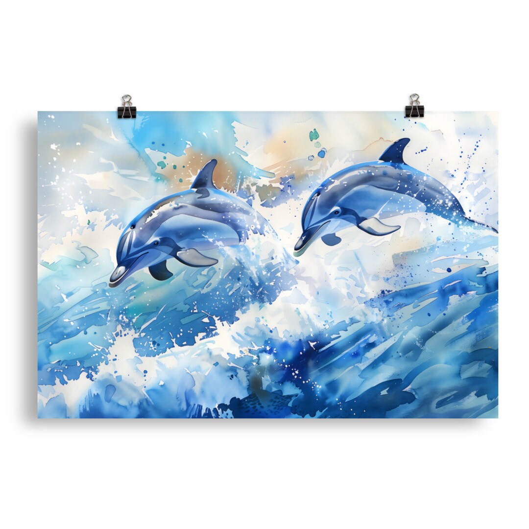 Playful Dolphin Jumping Poster | Ocean Art Print | Watercolor Splash ...