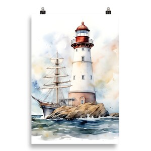 Lighthouse and Ship Art I Nautical Watercolor Poster I Nautical Art I ...