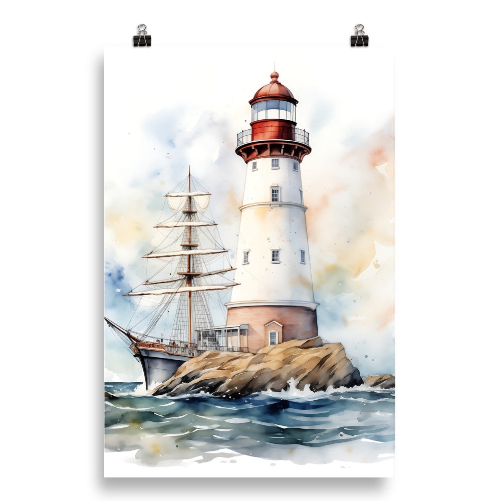 Lighthouse and Ship Art I Nautical Watercolor Poster I Nautical Art I ...