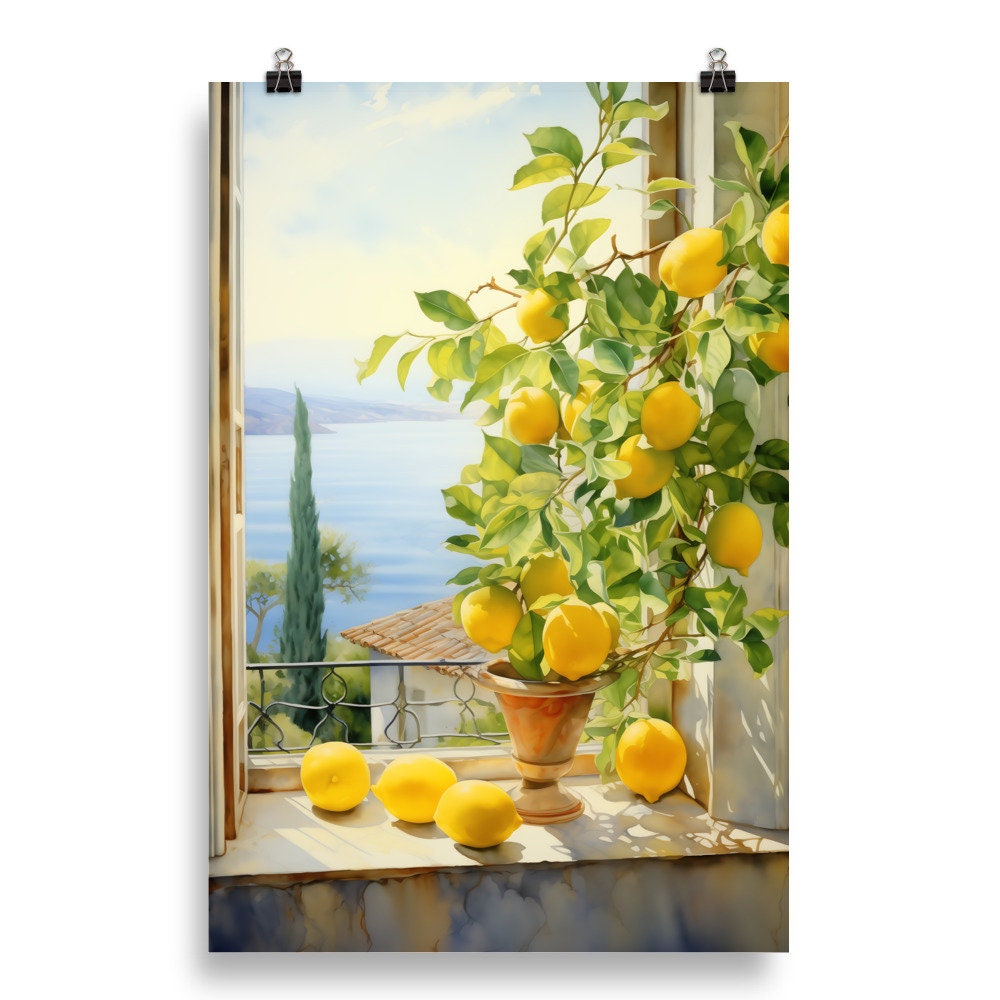 Lemon Window View Watercolor Painting Adriatic Sea Art Watercolor ...