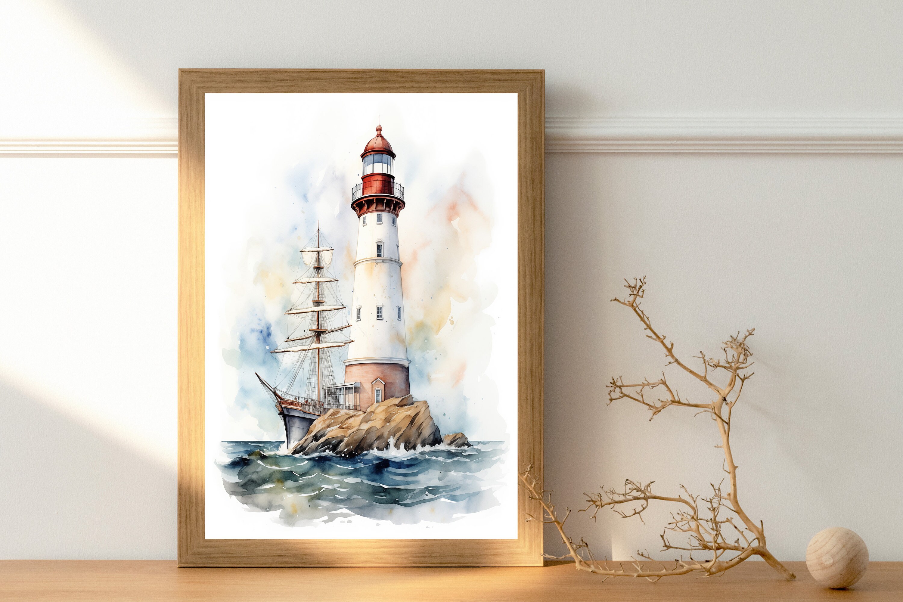Lighthouse and Ship Art I Nautical Watercolor Poster I Nautical Art I ...