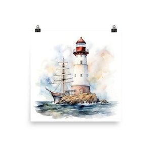 Lighthouse and Ship Art I Nautical Watercolor Poster I Nautical Art I ...