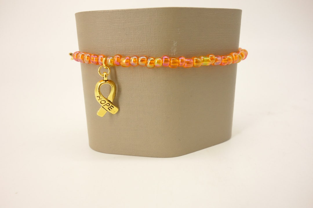 Orange and Gold Iridescent Glass Beaded Bracelet With Gold-tone Cancer ...