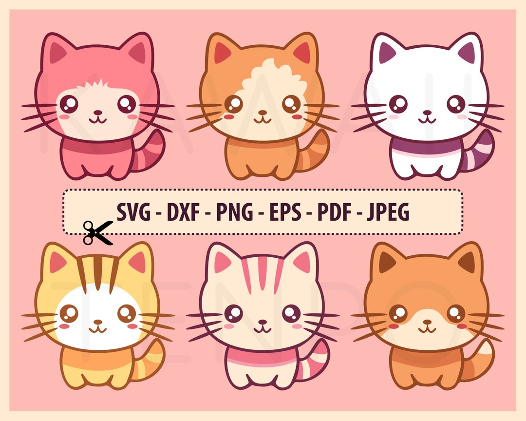 Kawaii Cuteness Cats SVG PNG Clipart Bundle, Layered by Color ...