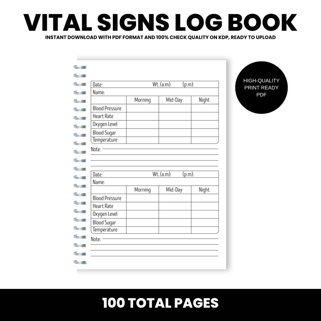 Printable Vital Signs Log Book - Blood Pressure, Heart Rate, Blood ...