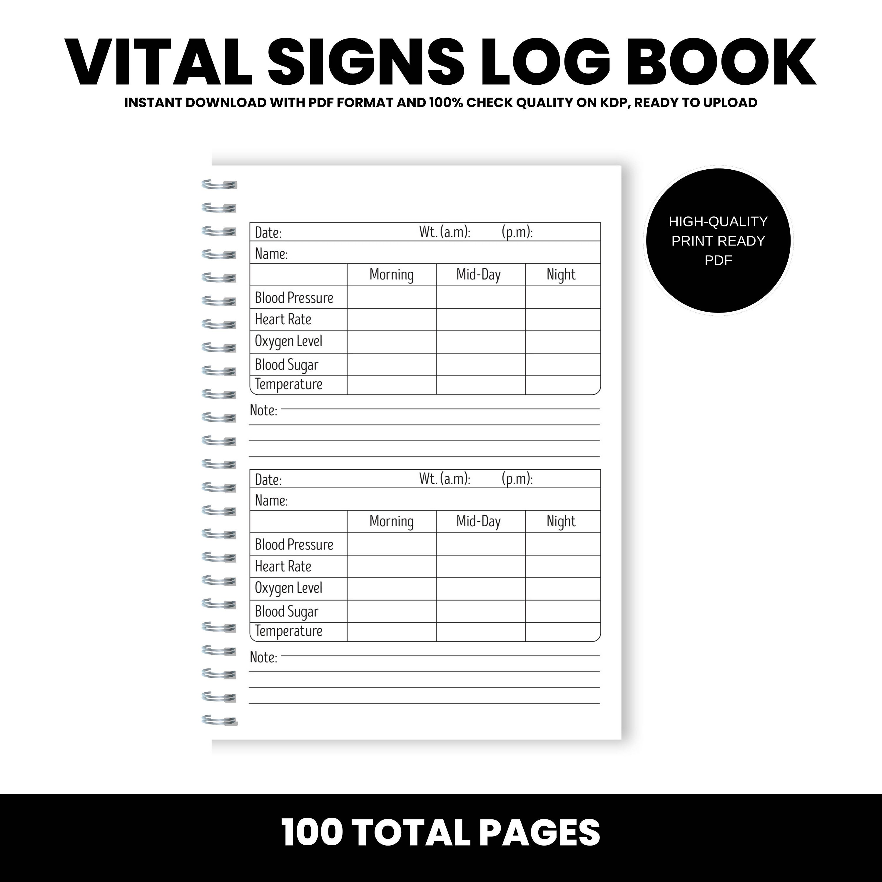 Printable Vital Signs Log Book - Blood Pressure, Heart Rate, Blood ...