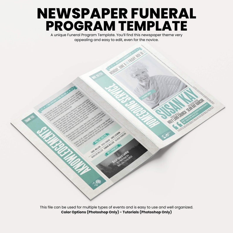Newspaper Style Funeral Program Template Memorial & Obituary Design ...