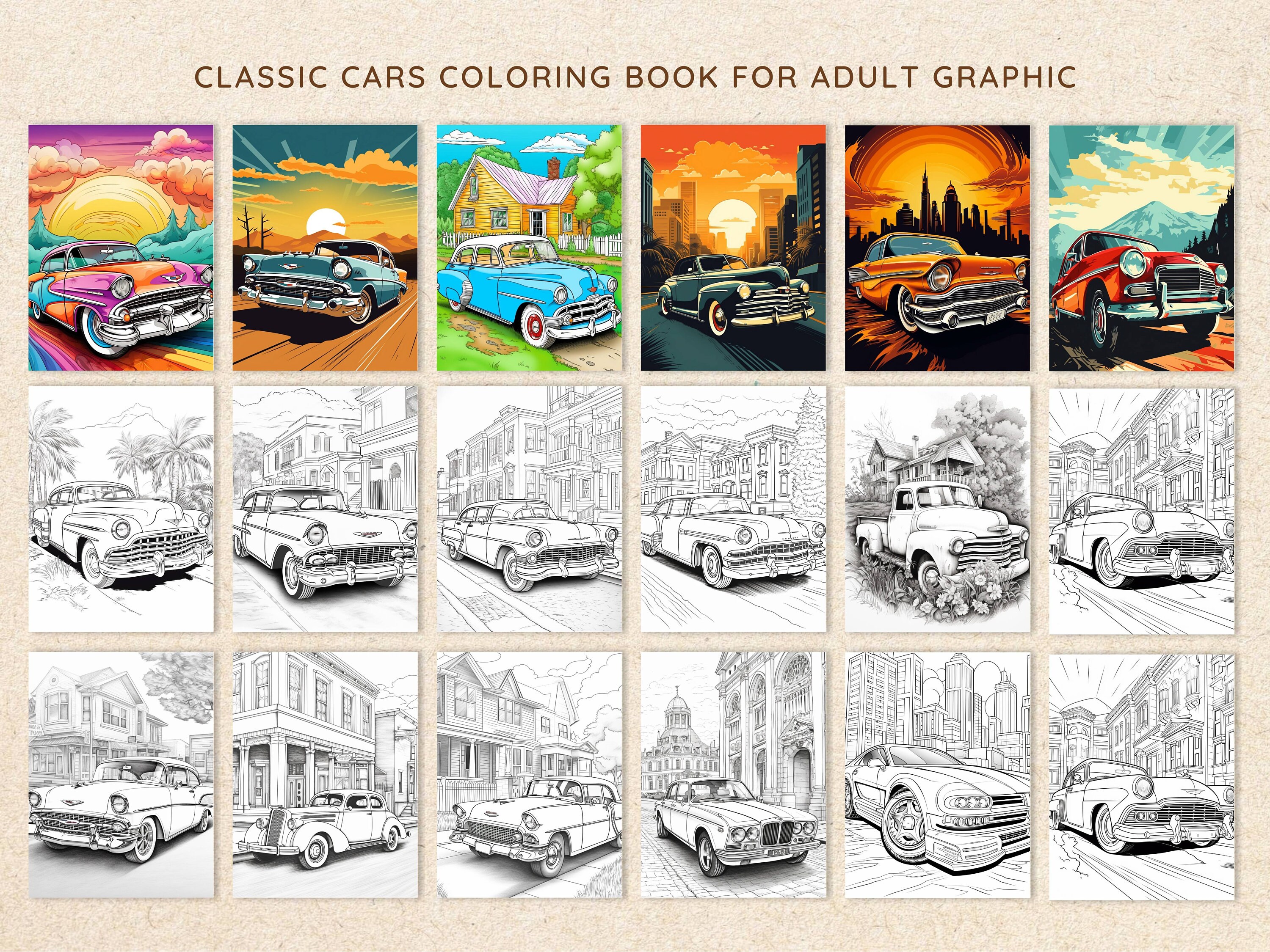 100 Pages Printable Digital Classic Cars Coloring Book, Kids Adult ...