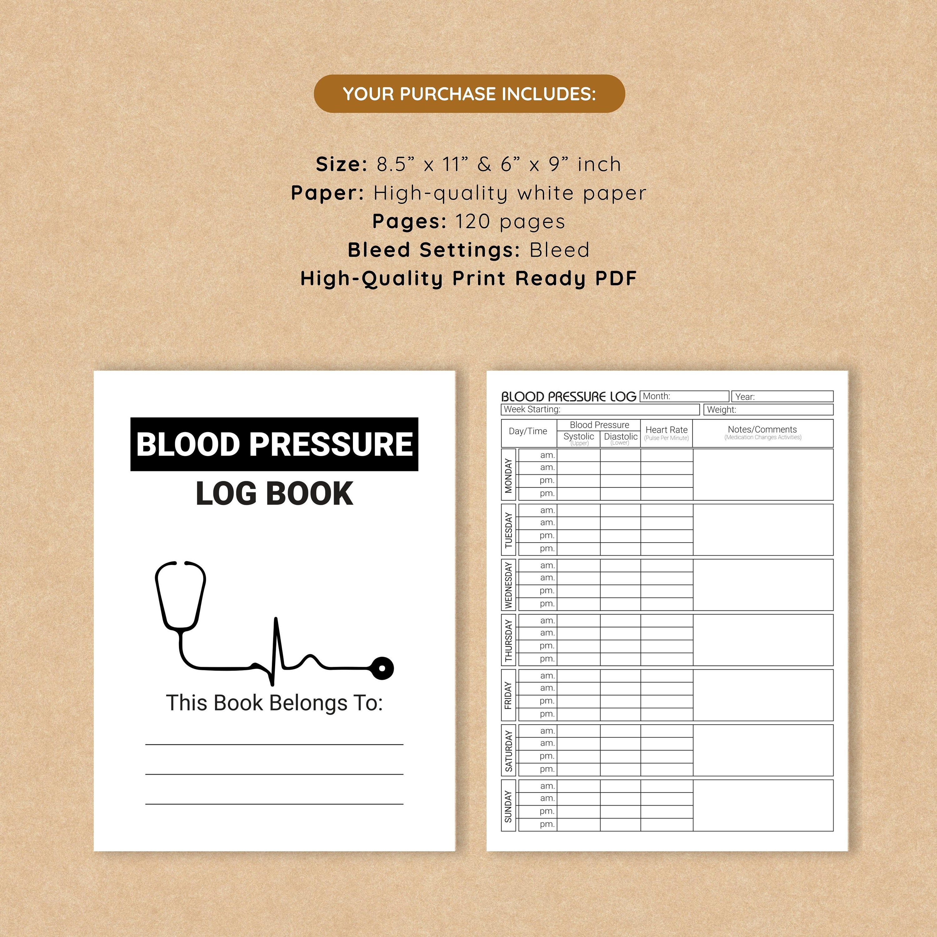 Blood Pressure Log Book: Printable Blood Pressure Tracker & Health ...