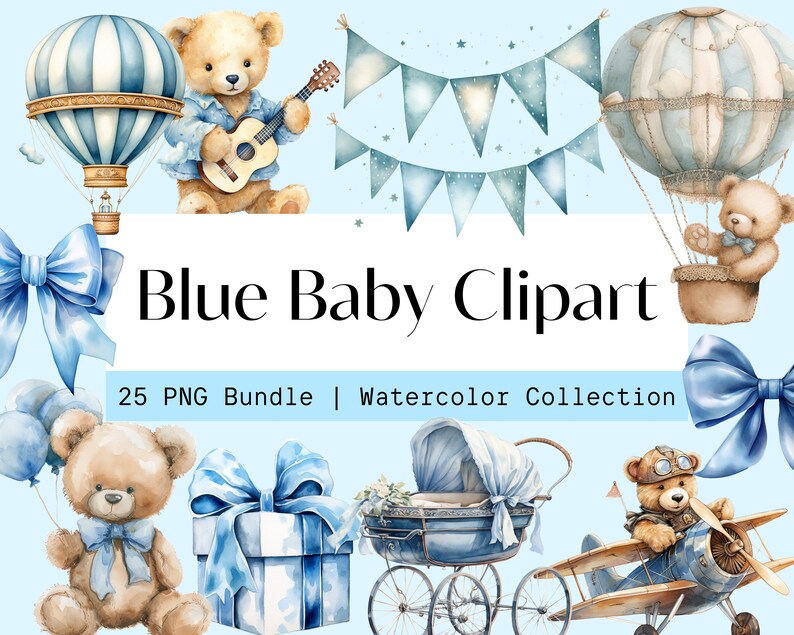 Watercolor Blue Baby Clipart, Baby Shower Clipart, Teddy Bear Clip Art ...