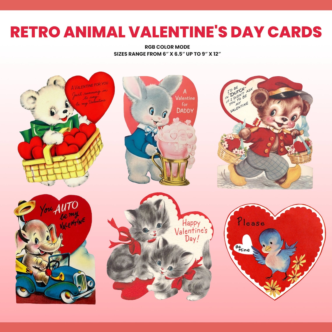 Printable Vintage Animal Valentine's Day Cards Template, Retro ...