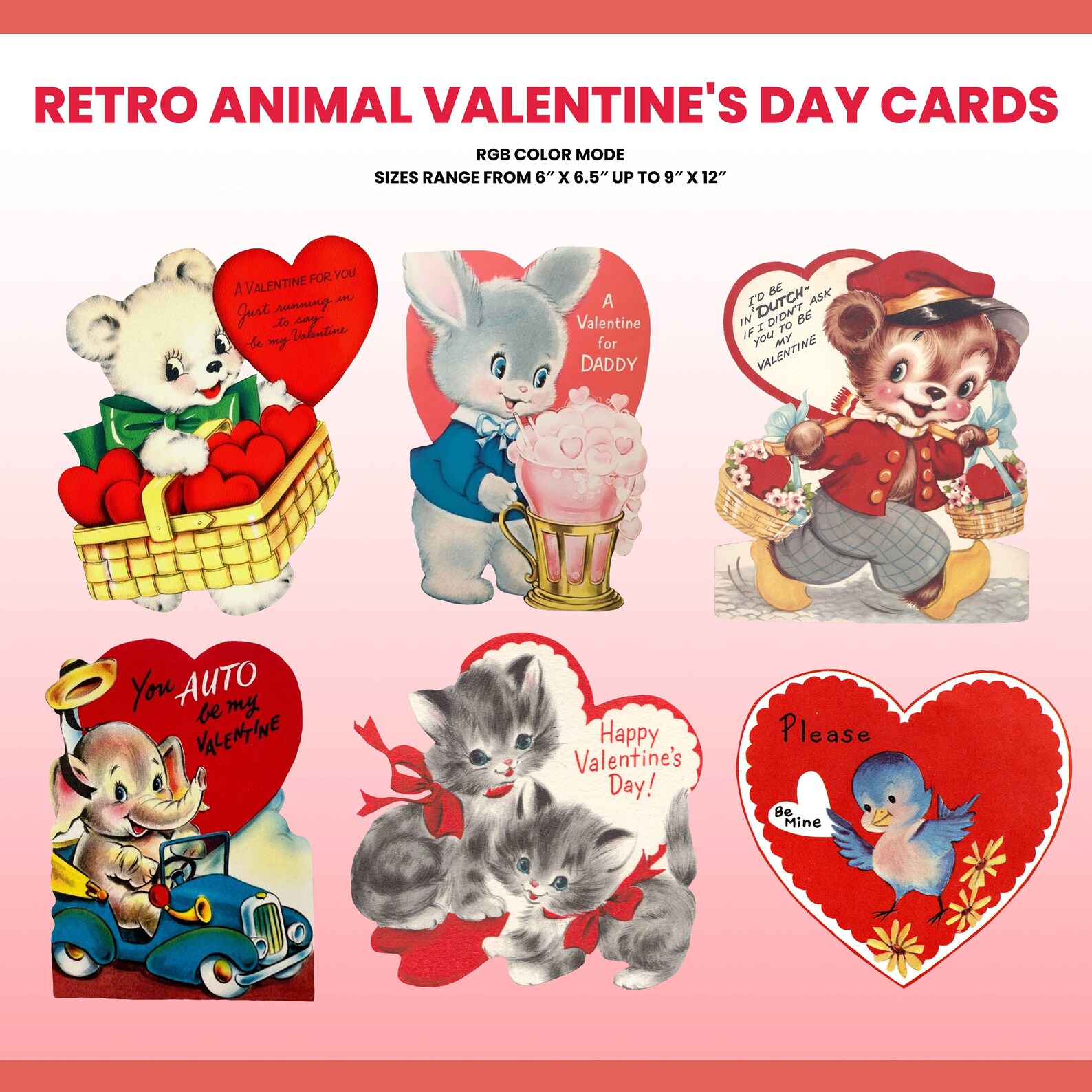 Printable Vintage Animal Valentine's Day Cards Template, Retro ...
